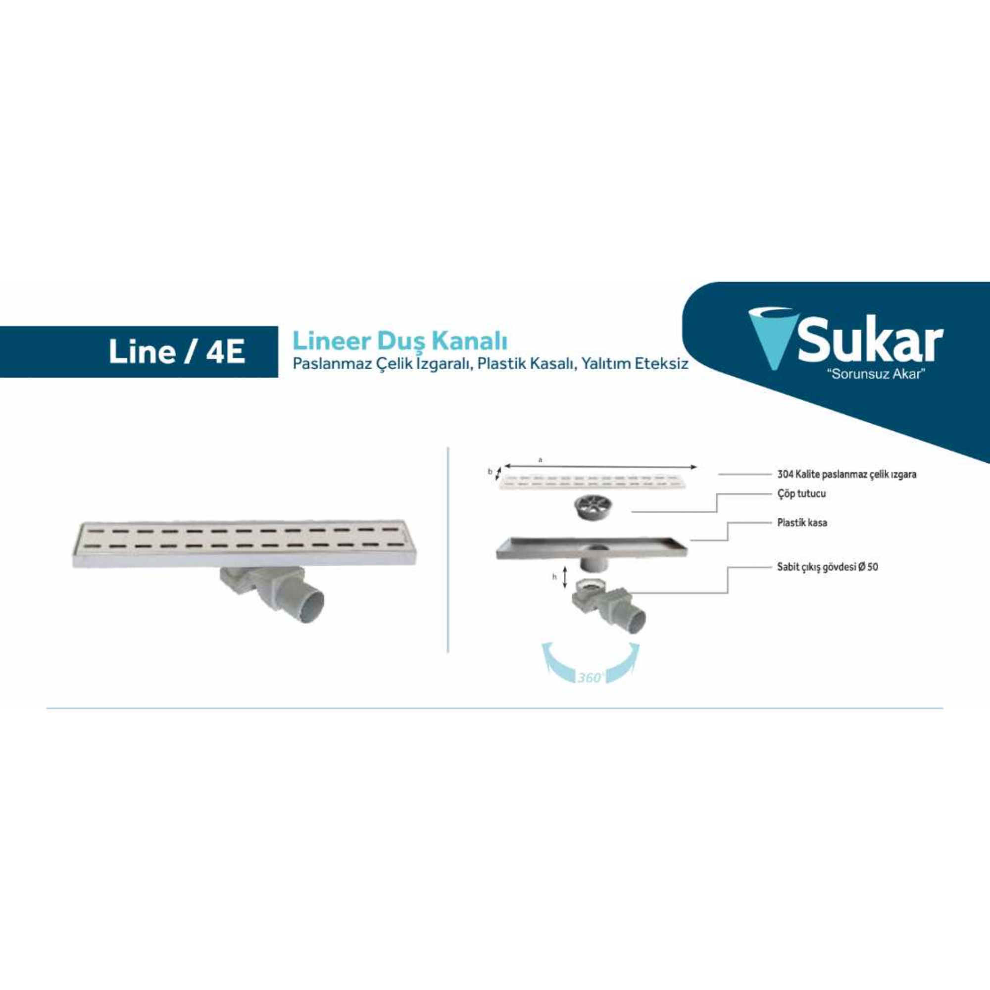 Sukar Line 4-E Paslanmaz Çelik Duş Kanalı 40 Cm Ø50 - koldoor.com