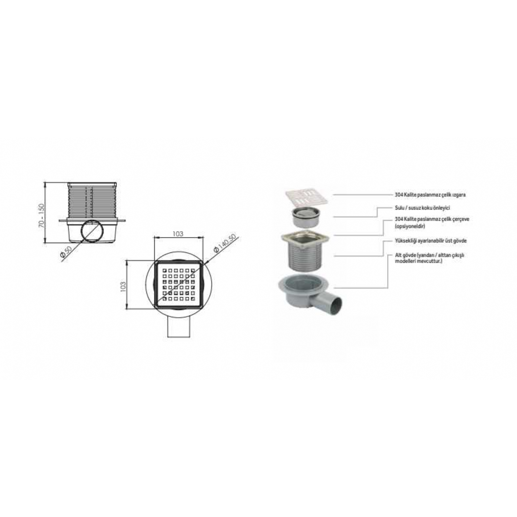 Sukar Yalıtım Uyumlu Çelik Çerçeveli Yer Süzgeci 10x10 Cm Ø70 Alttan ...